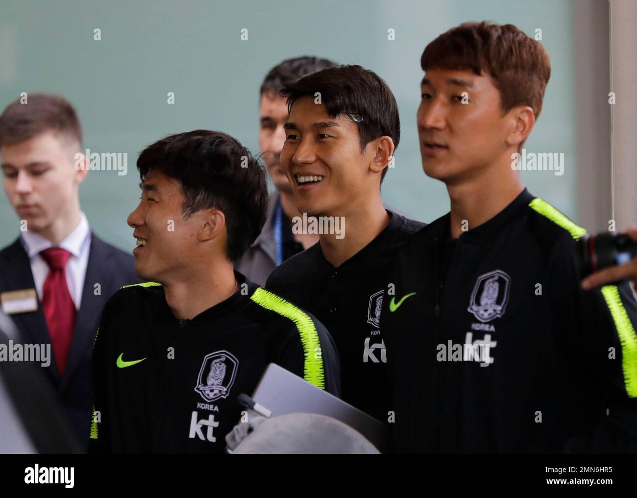 South Korea's national soccer team players Go Yo-han, front left ...