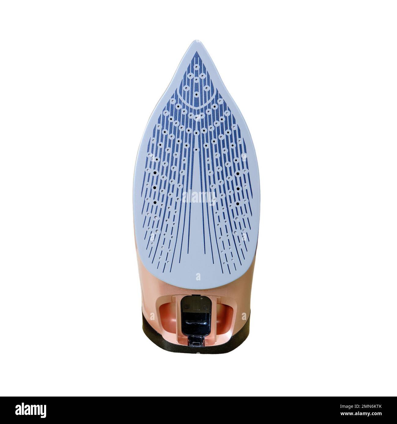 A woman hand with a dark blue iron and an ironing board, isolated on a ...