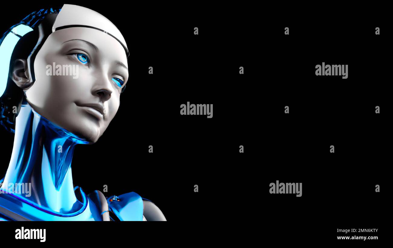 Cyber Girl humanoid robot with artificial intelligence – Digital 3D Illustration on black ...