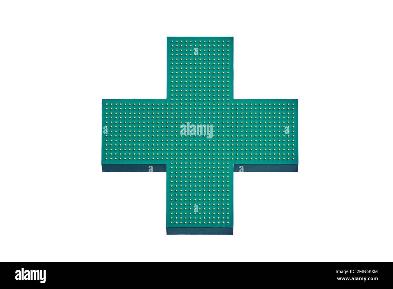 Green cross of a pharmacy store on the wall of a building, isolated on ...