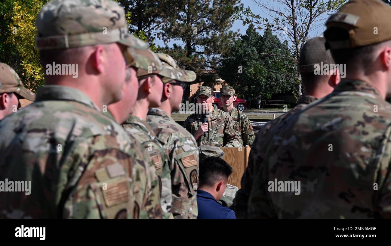 Col. Daniel Hoadley, 5th Bomb Wing commander, gives remarks during a ...