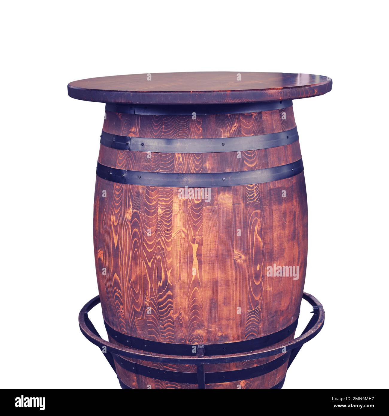 A wine barrel in the shape of a table in a cafe, isolated on a white ...