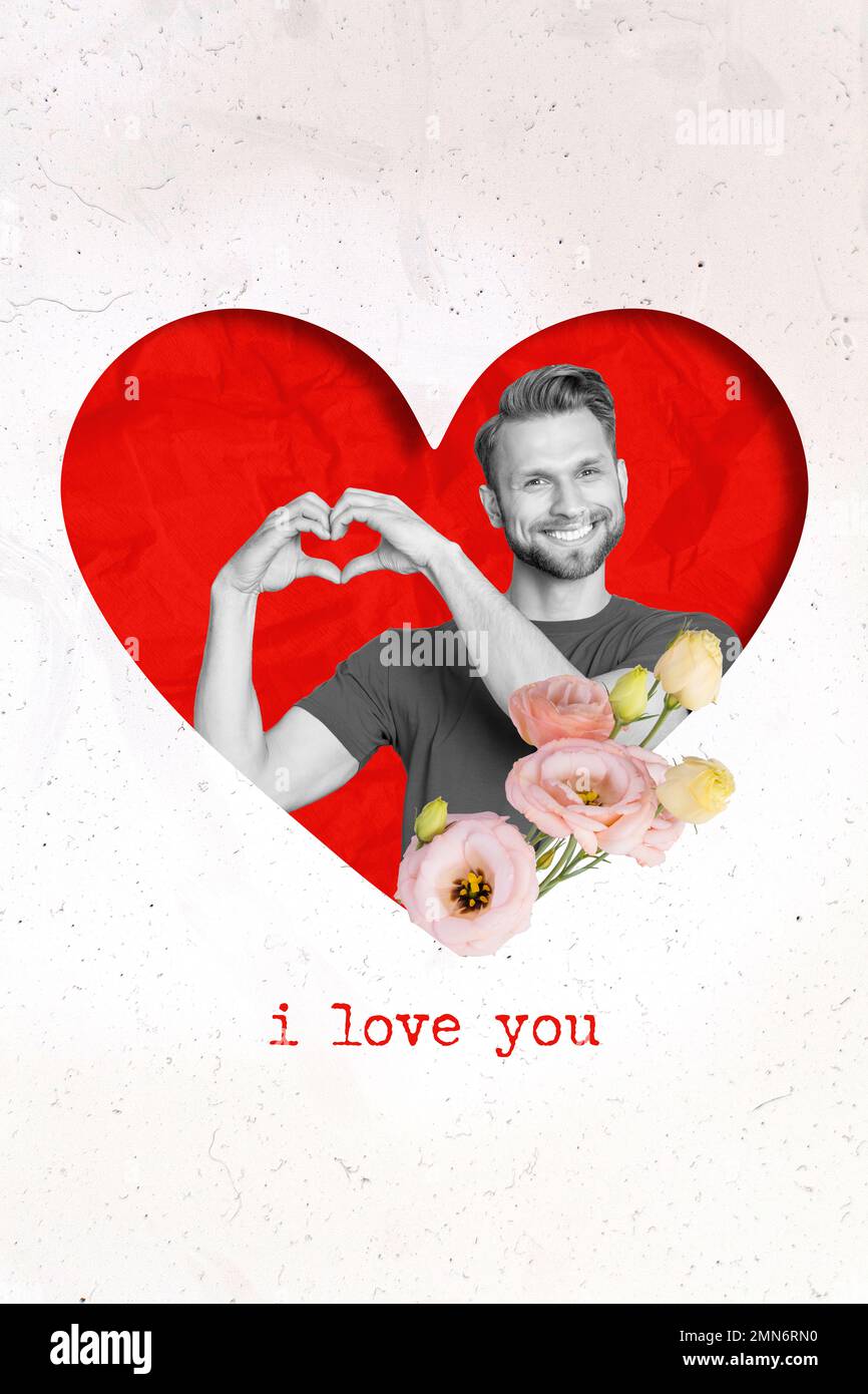 Photo collage artwork minimal picture of cute charming guy showing arms ...