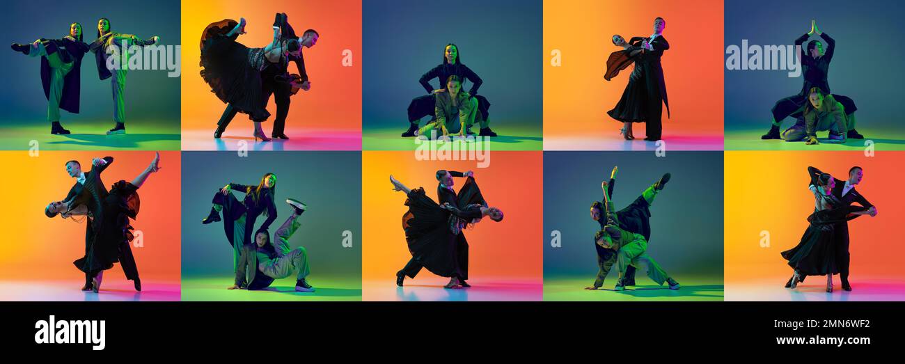 Collage. Combination of modern and classic dance styles. People dancing ...