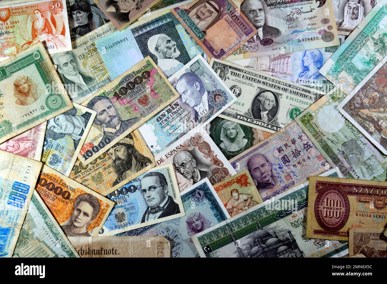 various old cash money banknotes from different countries of the world ...