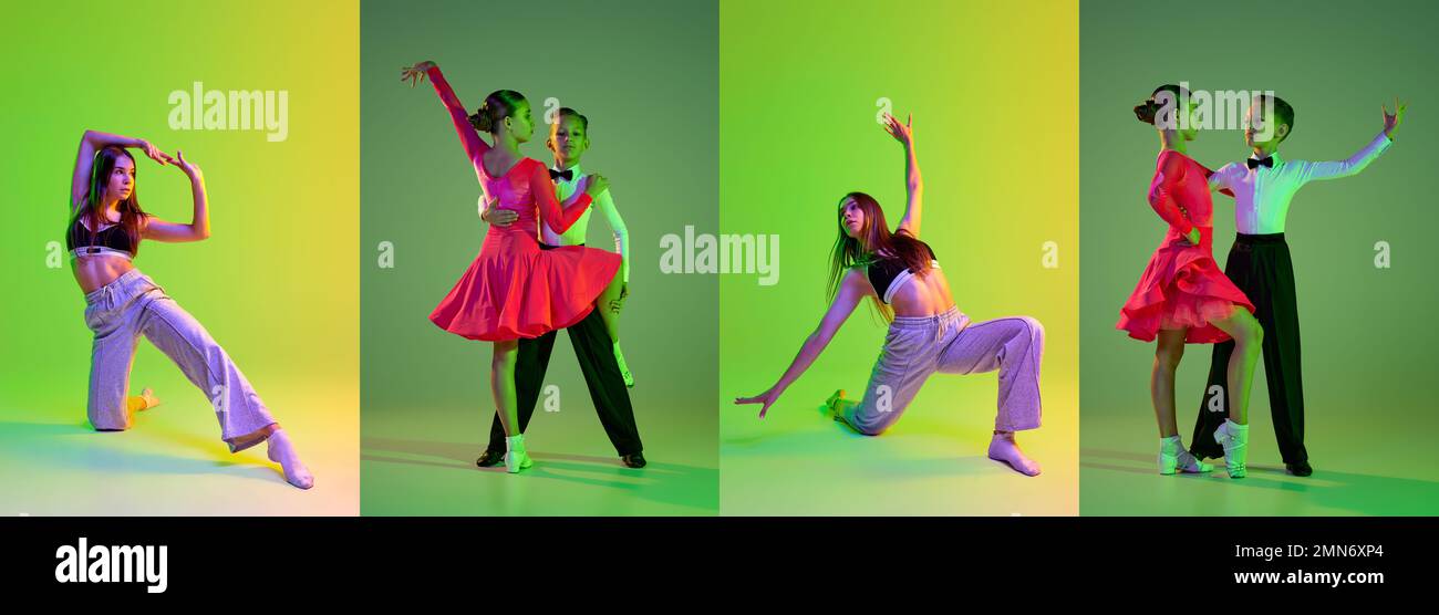 Collage. Portraits of children dancing classic dance, ballroom and ...
