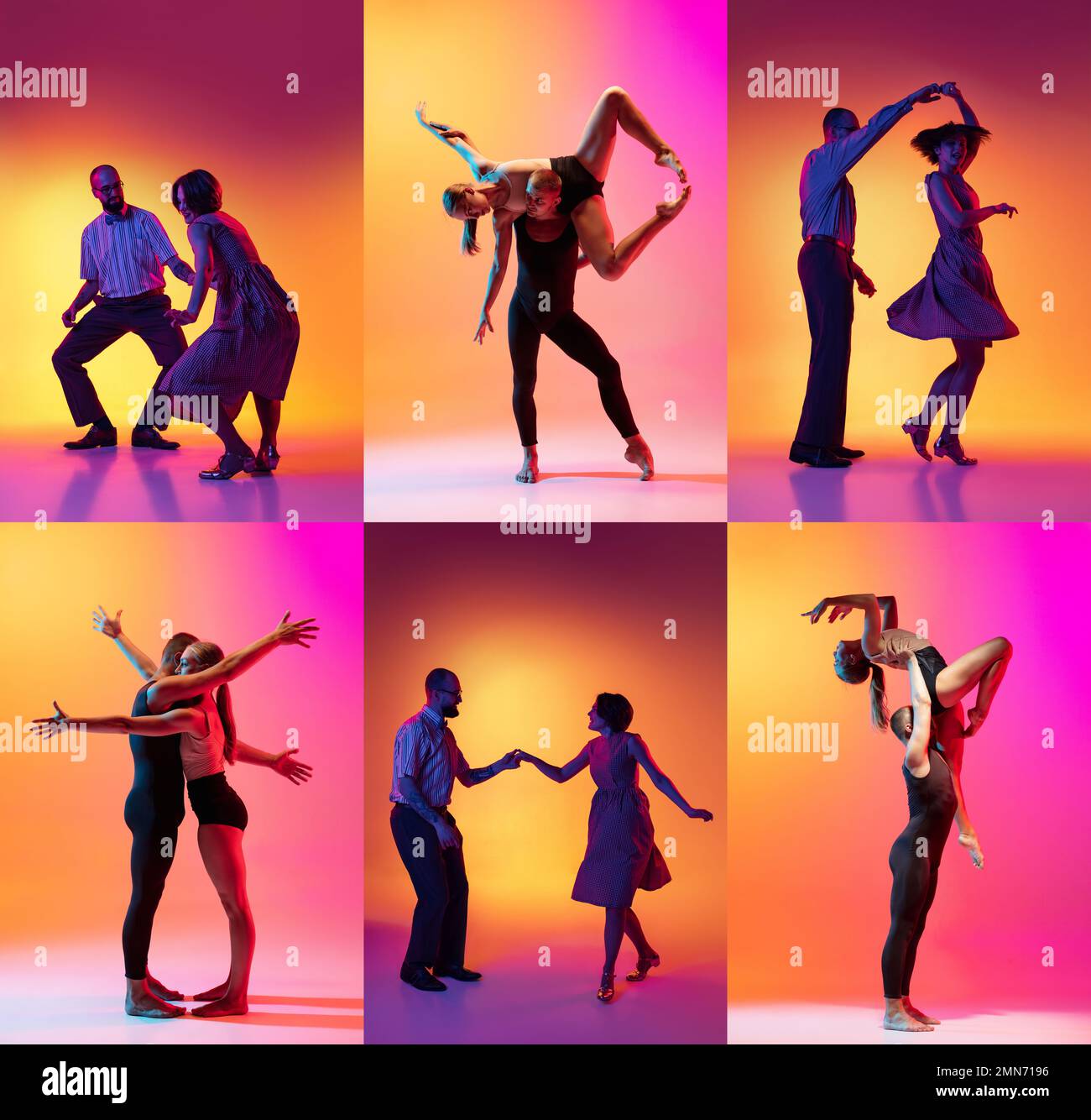 Set with images of stylish men and women dancing in bright clothes on ...