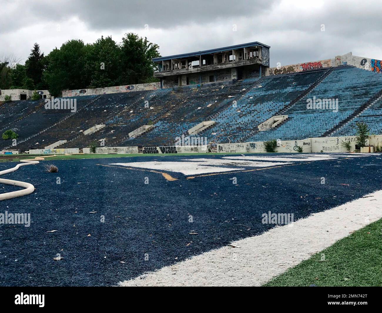 In this June 6, 2018 photo, the press box and home stands of the ...