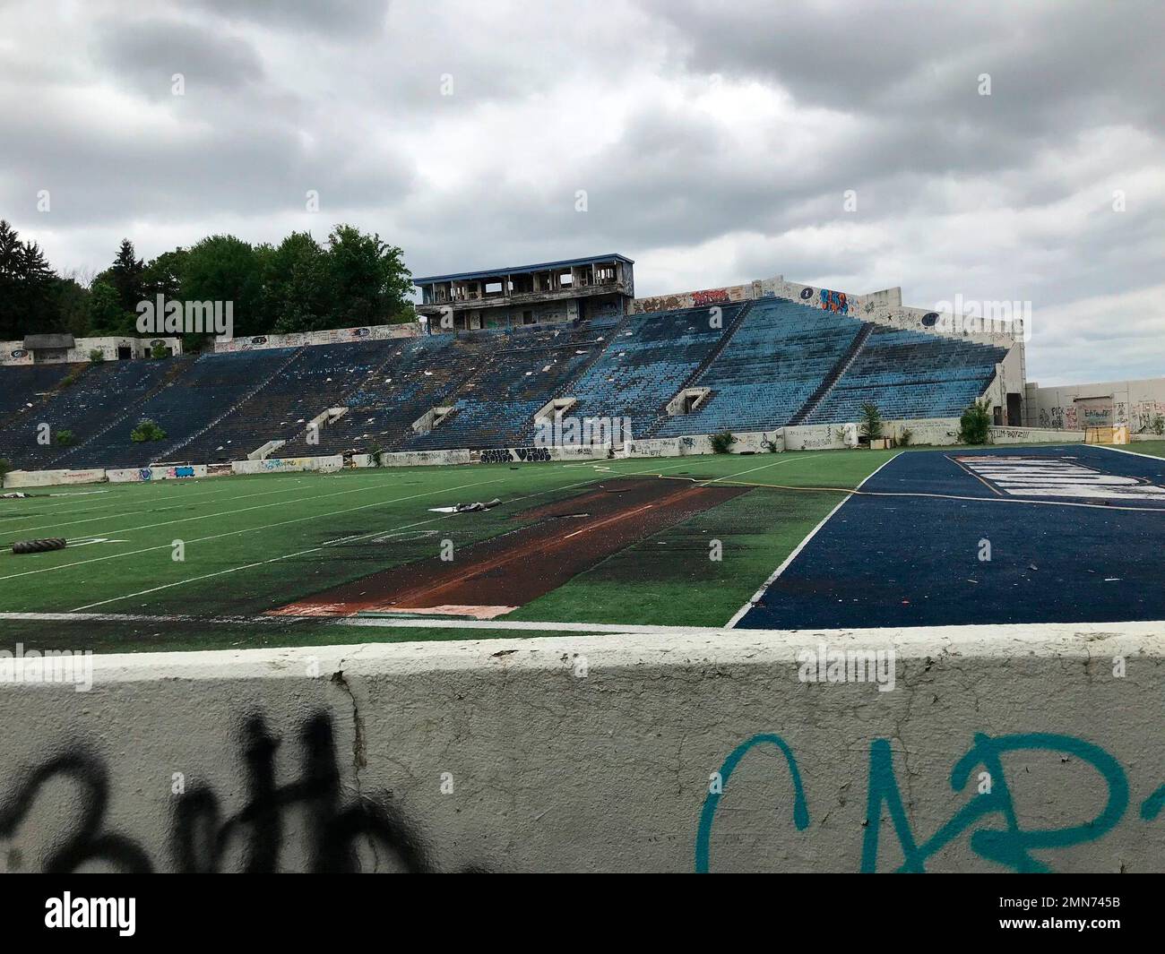 In this June 6, 2018 photo, the abandoned Akron Rubber Bowl stadium is ...