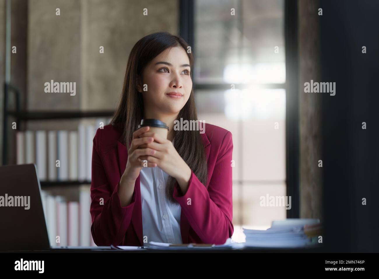 Beautiful Business woman working at home office and analyze financial ...