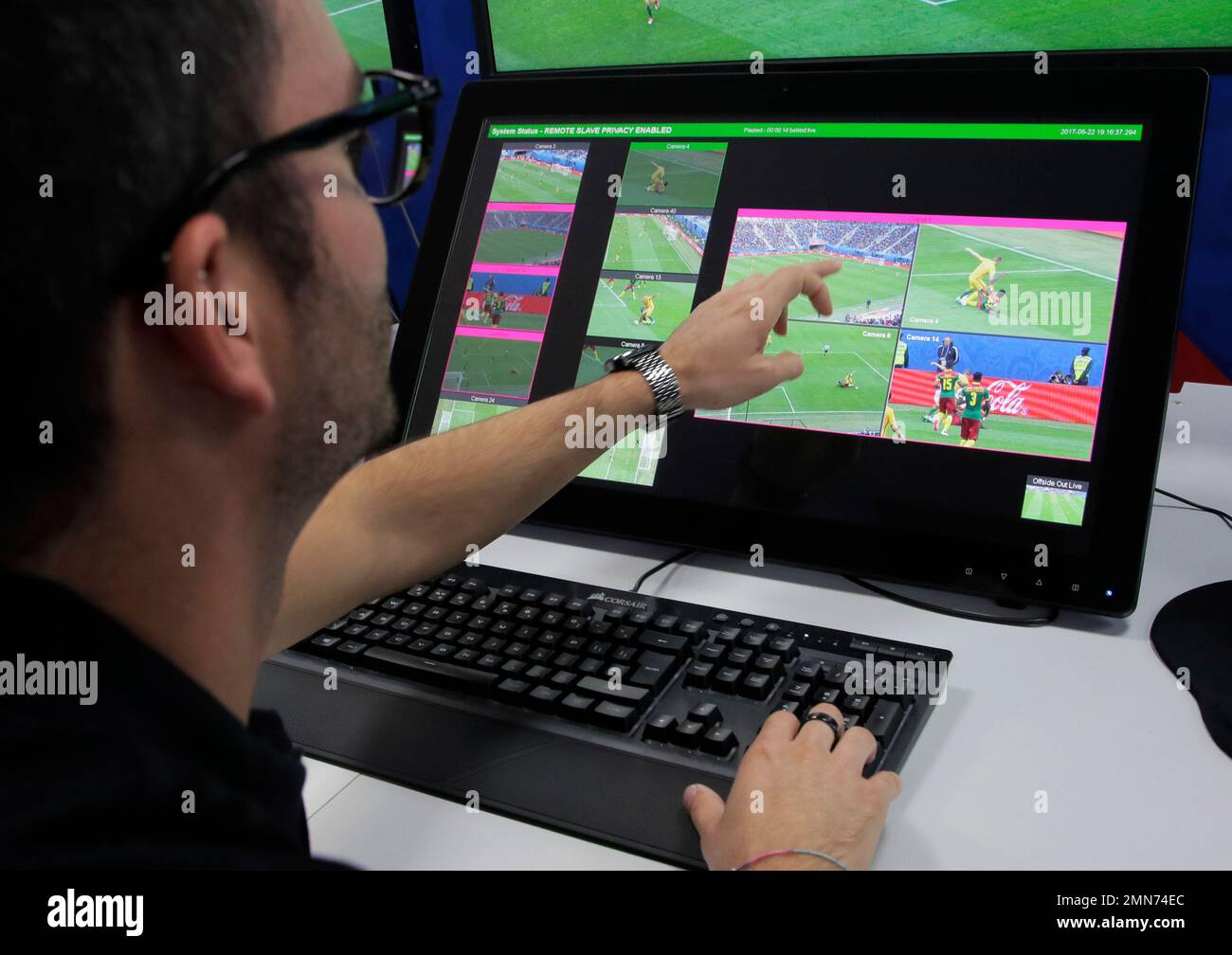 A referee demonstrates a video operation room (VOR), a facility of the ...