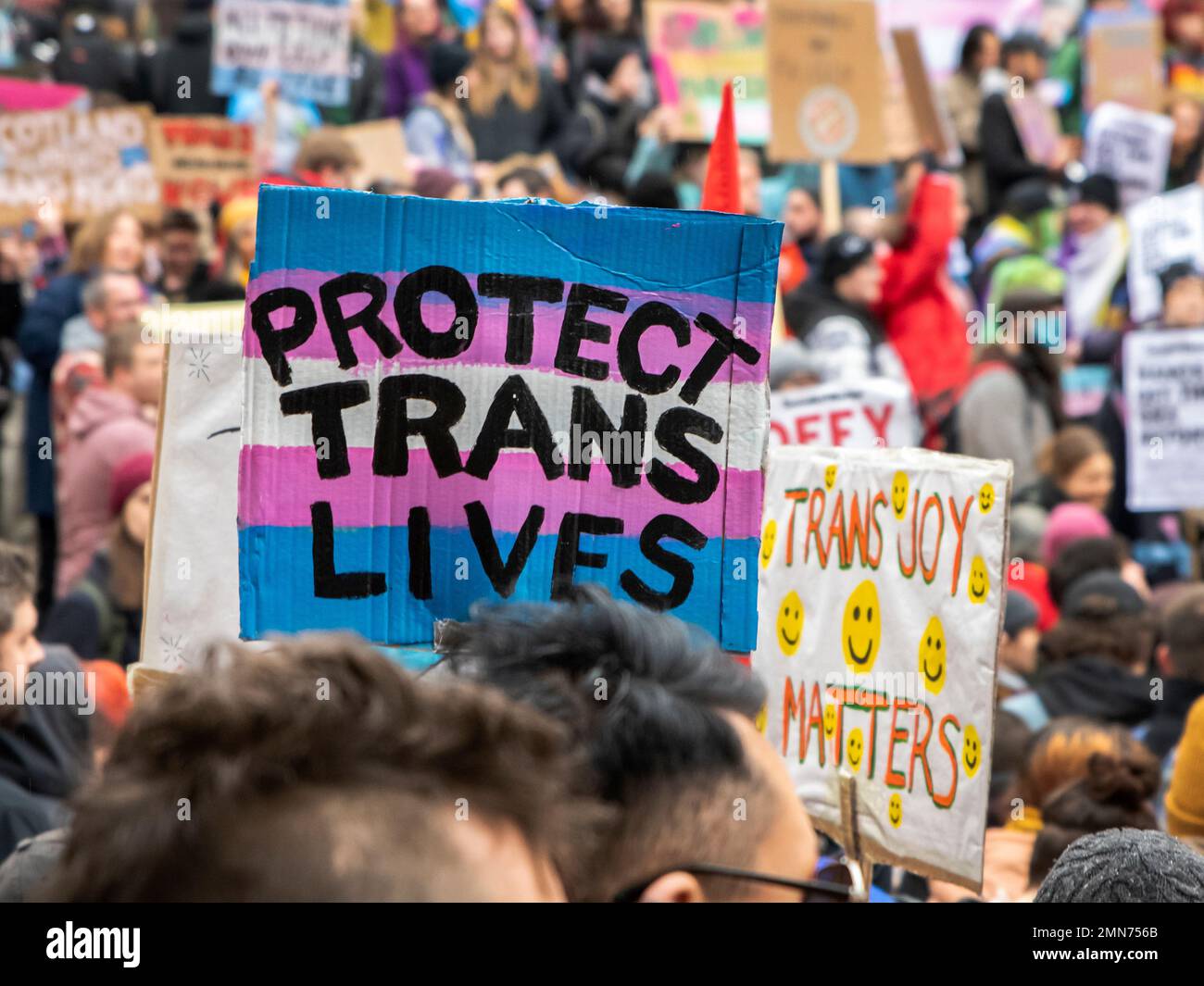 Glasgow, Scotland, UK. January 21st, 2023: A crowd at a Pro-Trans rally ...