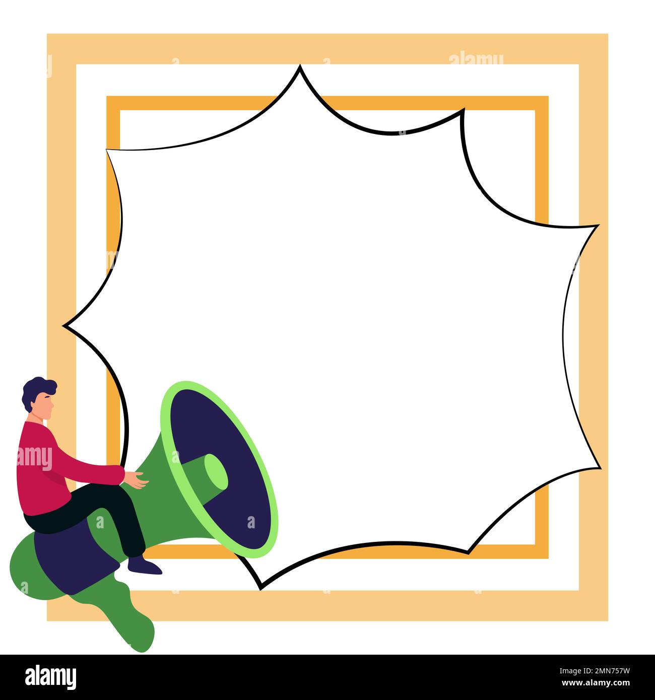 Man sitting on megaphone. Big empty dialog bubble for brand new ...