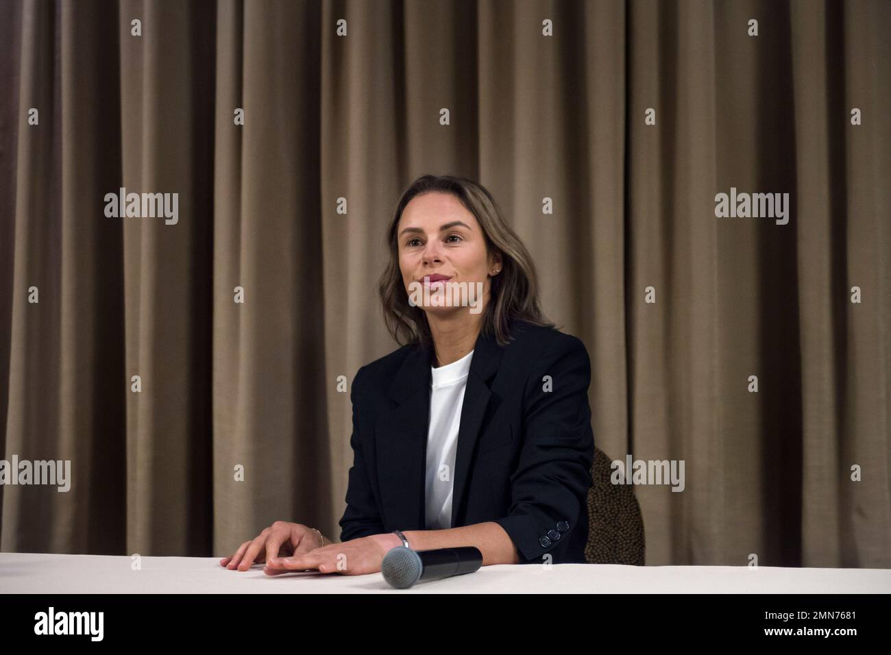 Magda Linette is seen during a press conference in Warsaw. Polish ...
