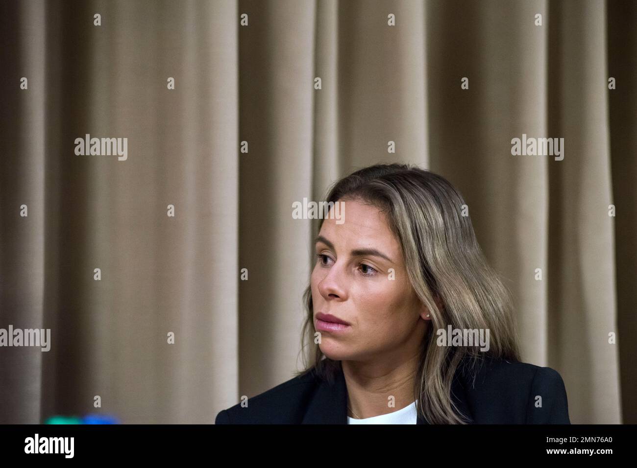 Magda Linette is seen during a press conference in Warsaw. Polish ...