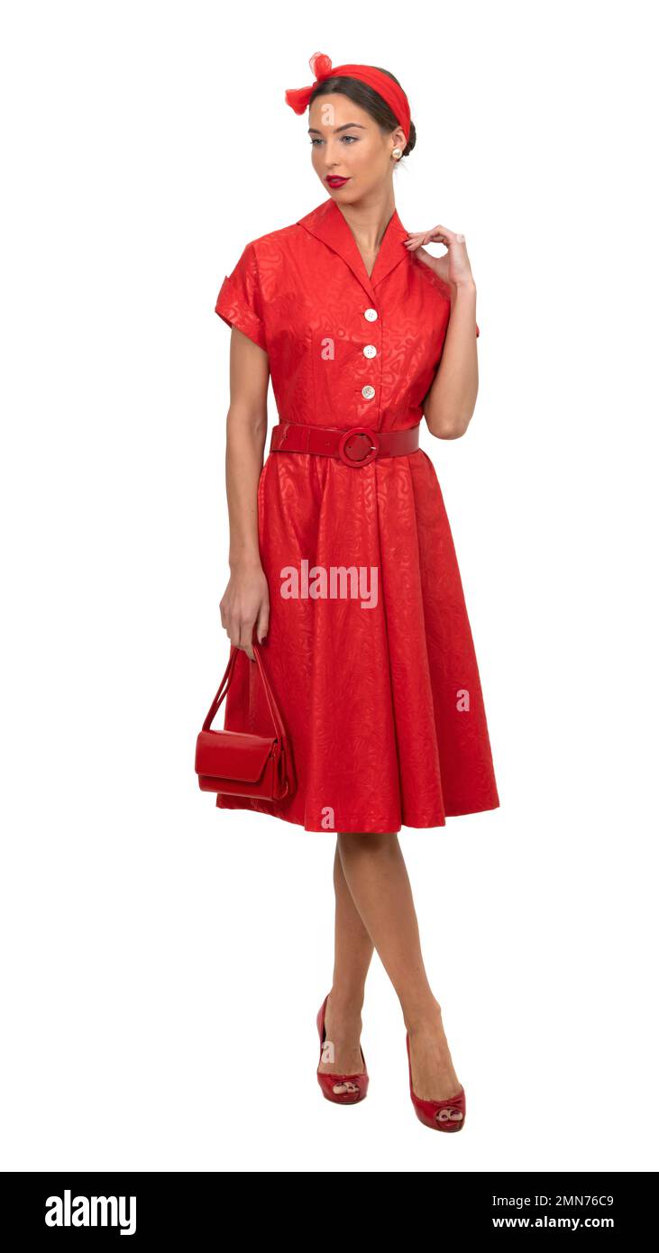 Beautiful Young Woman In A Vintage Red Dress And Wearing High Heels 3008