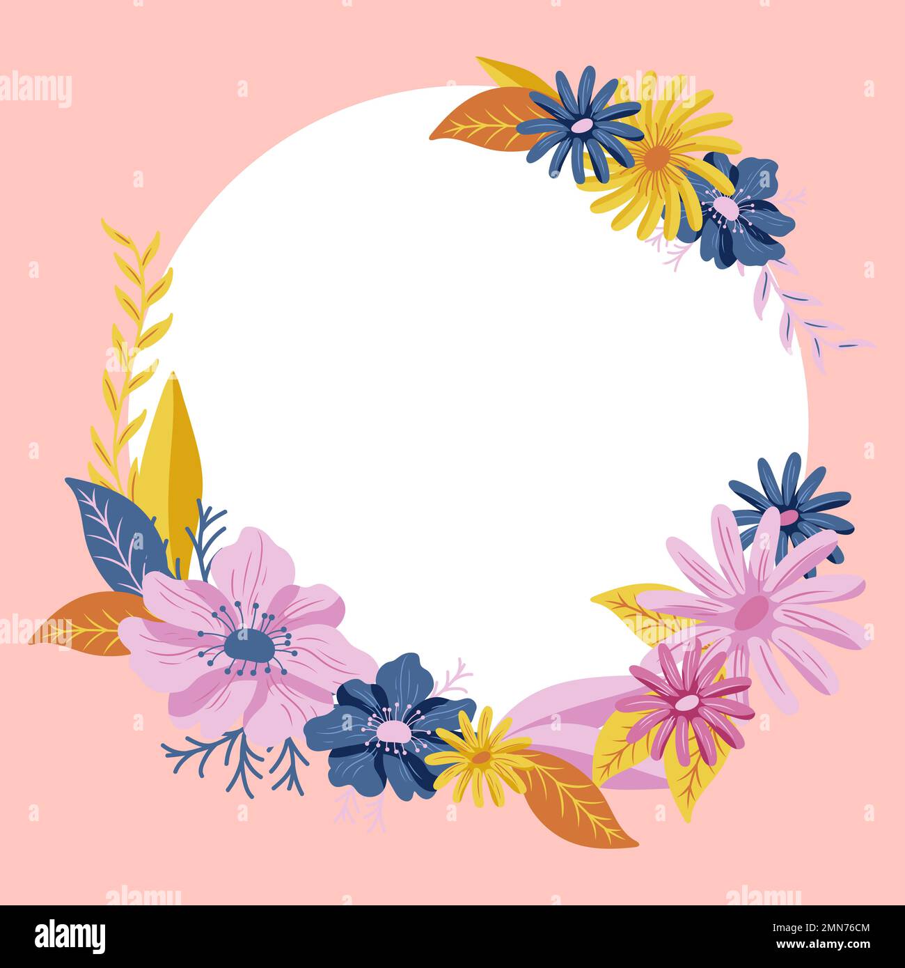Circle Shape Pink Color. Text Frame Surrounded With Assorted Flowers ...