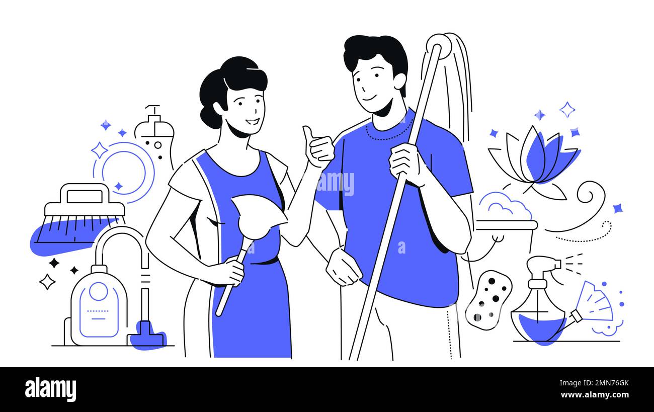 Household chores - modern colorful line design style illustration Stock ...