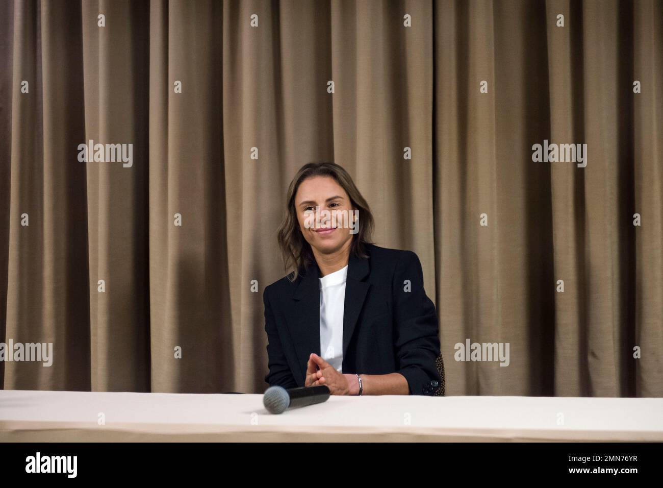 Magda Linette is seen during a press conference in Warsaw. Polish ...