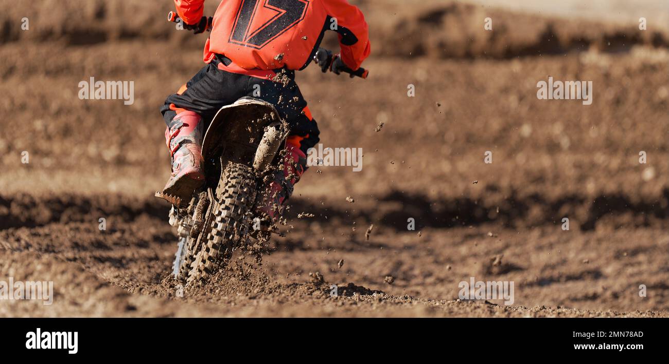 Racer child on motorcycle participates in motocross race, active ...