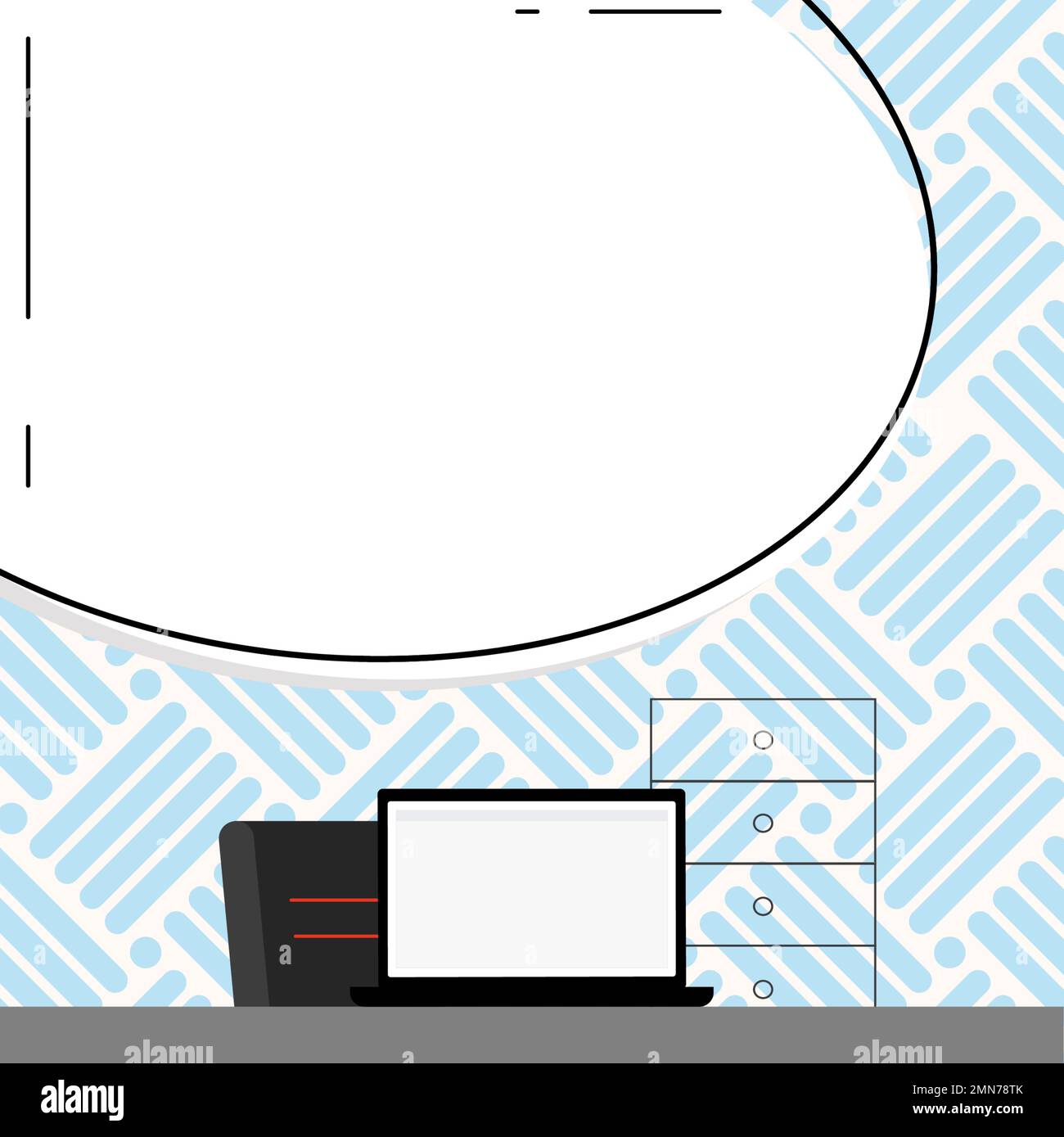 Laptop standing on desk near box. White screen contains new important ...