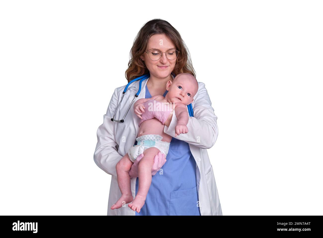 Pediatrician doctor holding newborn baby and smiling, isolated on a ...