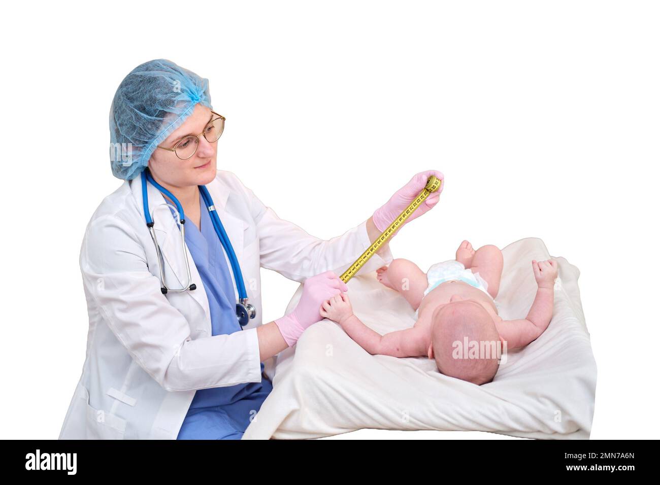 Doctor measures the growth of a newborn baby, isolated on a white ...