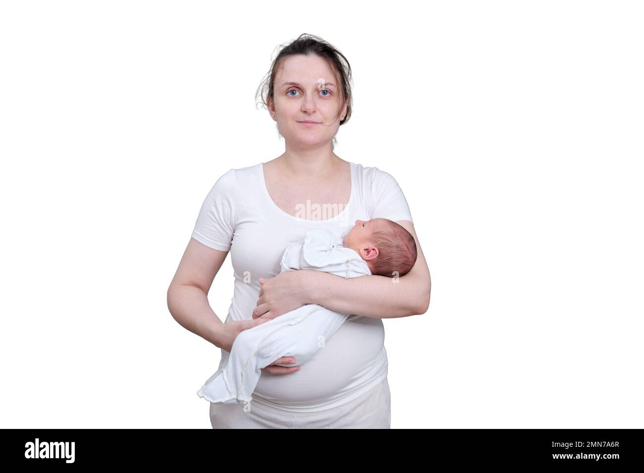 A mother woman with a newly born newborn baby in her arms, an isolated ...