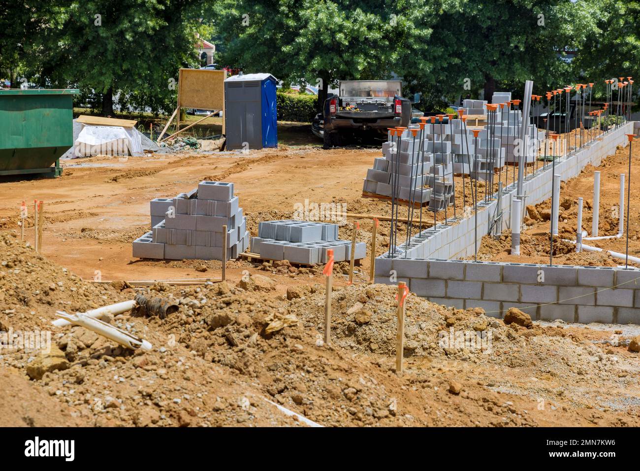 In construction site cement blocks stacked for purpose of being laid on ...
