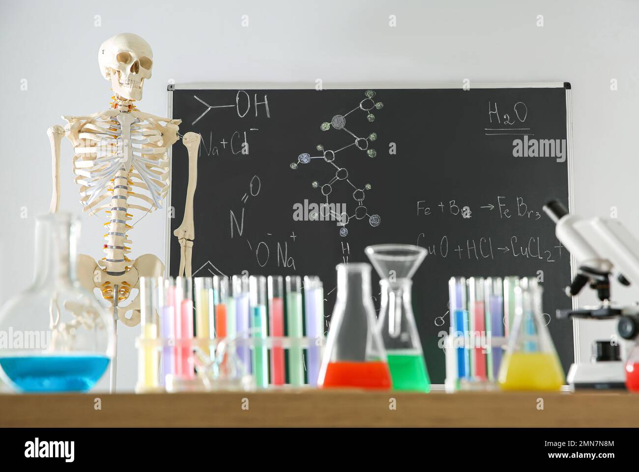 Different chemistry glassware and skeleton in classroom Stock Photo - Alamy