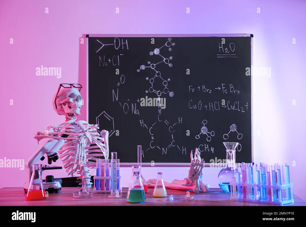 Skeleton and different chemistry glassware in classroom, toned in pink ...