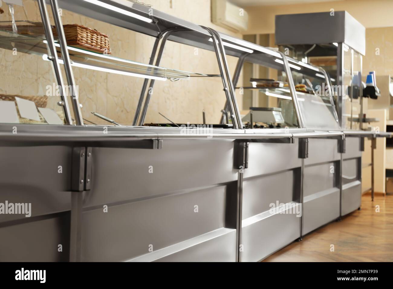 Serving line with food in school canteen Stock Photo - Alamy