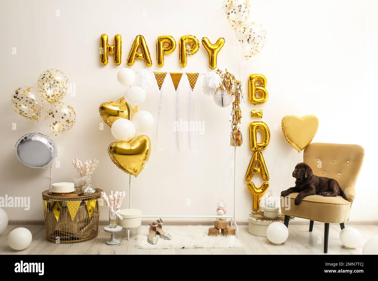 Chocolate Labrador Retriever and phrase HAPPY BIRTHDAY made of golden ...