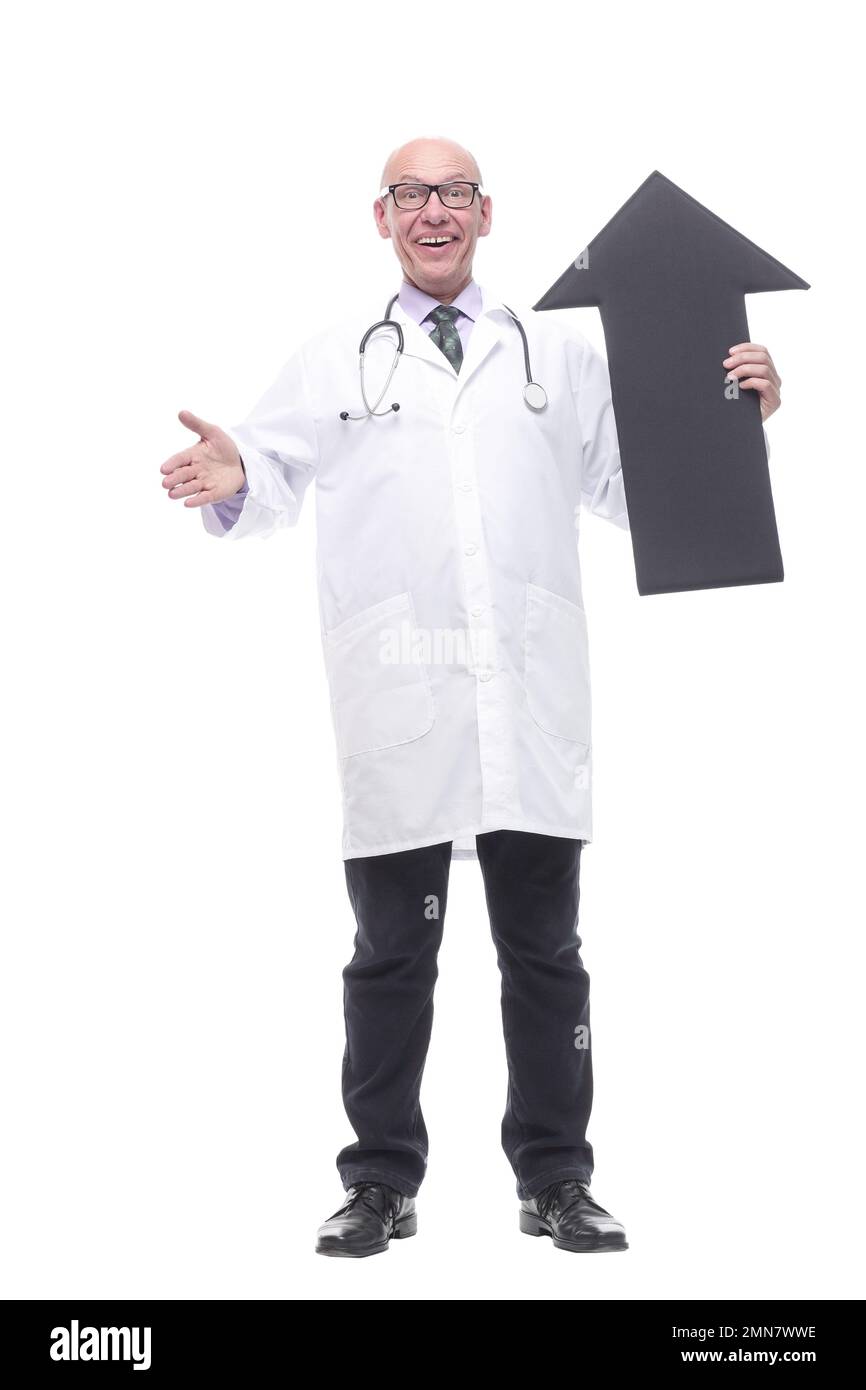 smiling doctor with an arrow pointing in the direction Stock Photo - Alamy