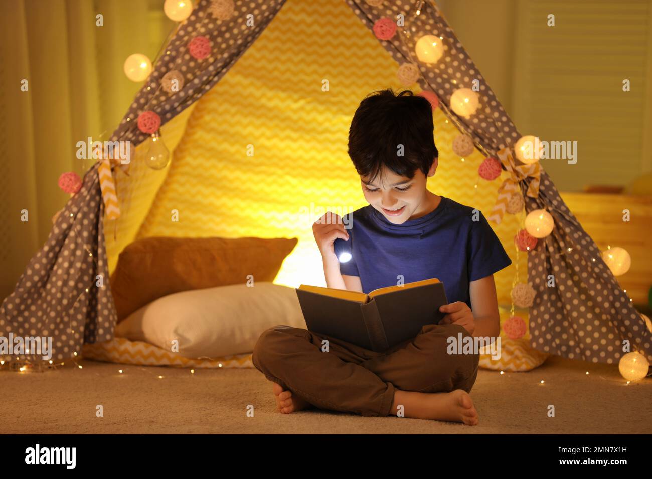 Preteen boy with flashlight reading book at home Stock Photo - Alamy