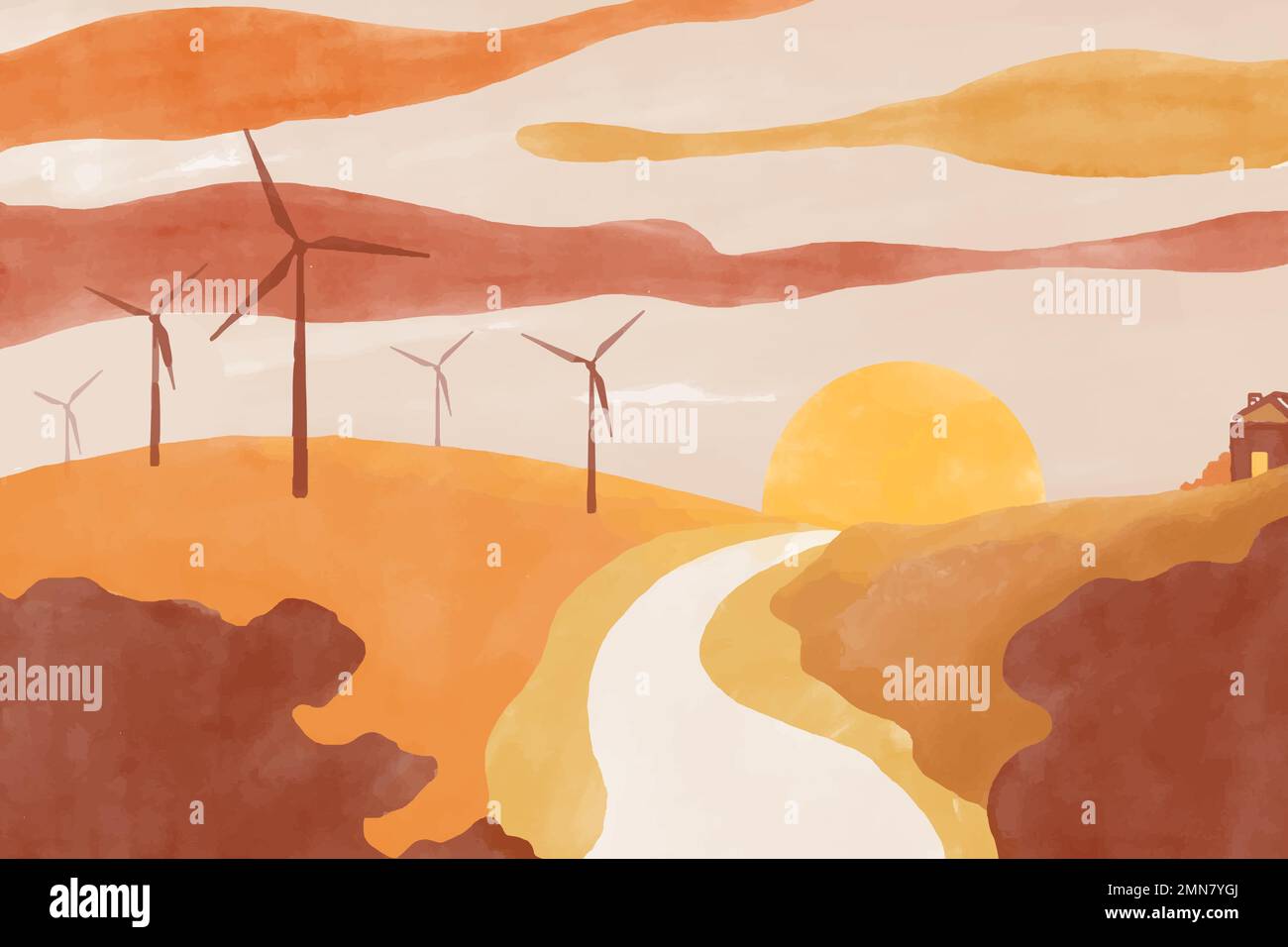 Sunset pathway, wind turbines summer background vector Stock Vector ...