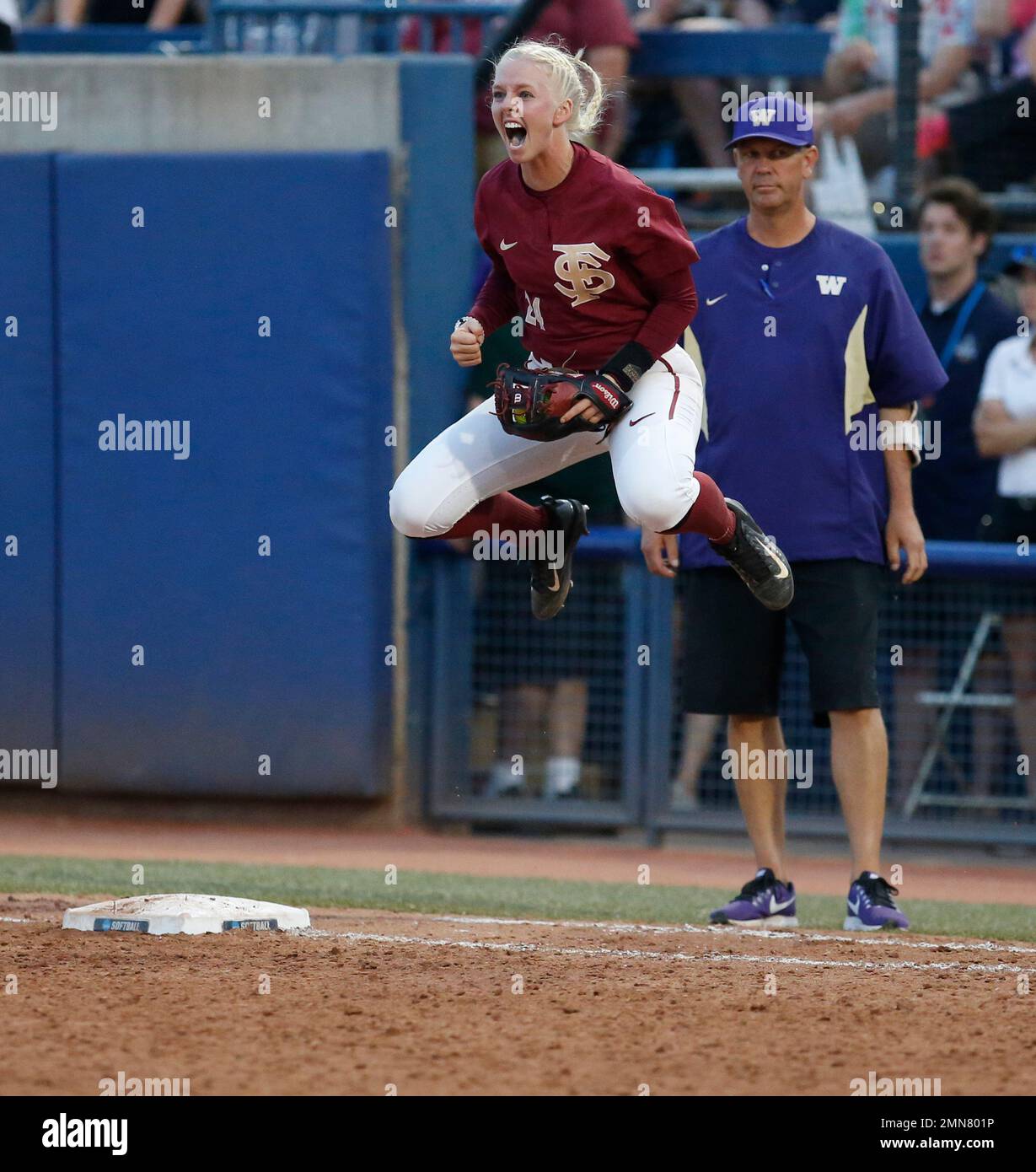 Florida State infielder Sydney Sherrill (24) jumps as she celebrates ...
