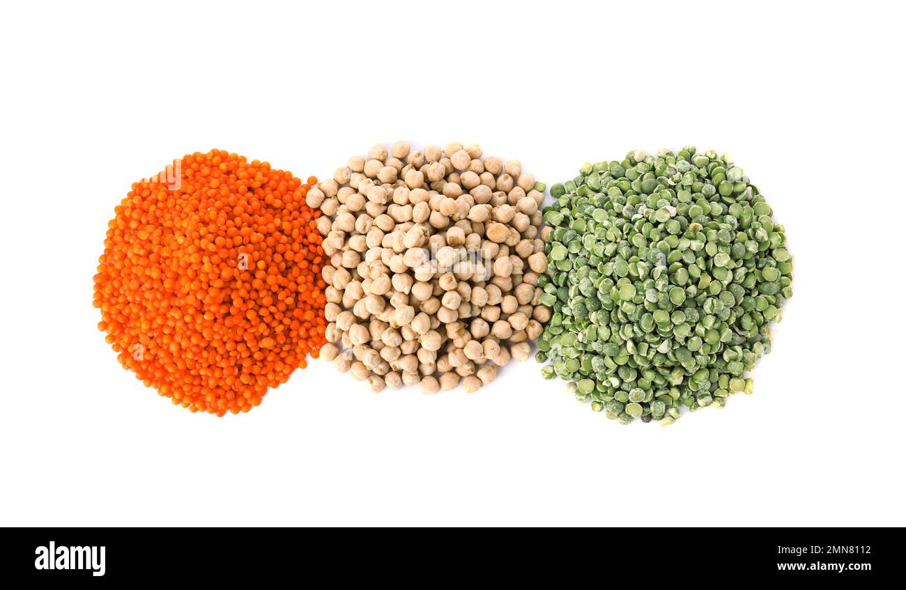 Different types of legumes on white background, top view. Organic ...