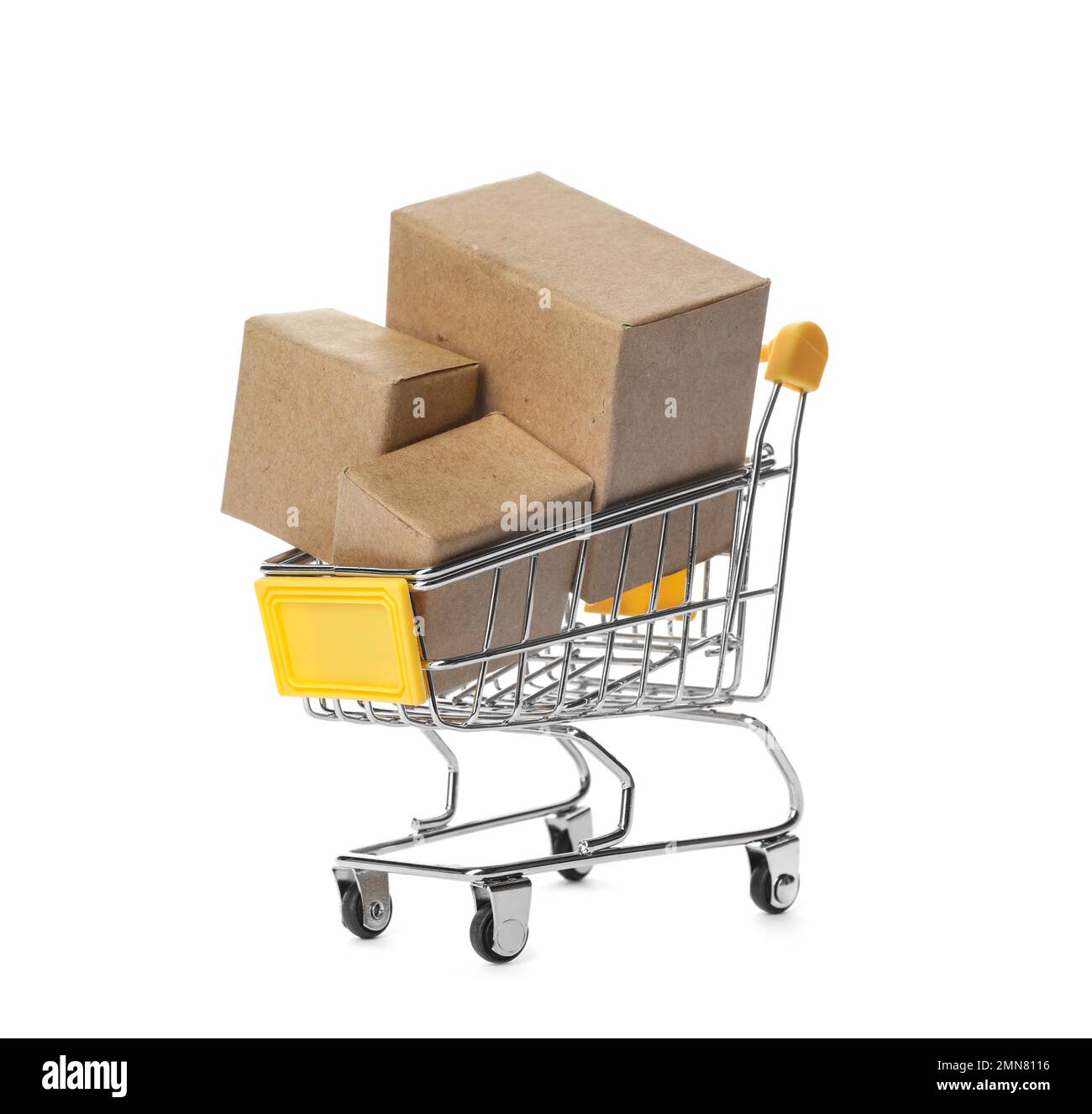 Shopping cart with boxes isolated on white. Logistics and wholesale ...