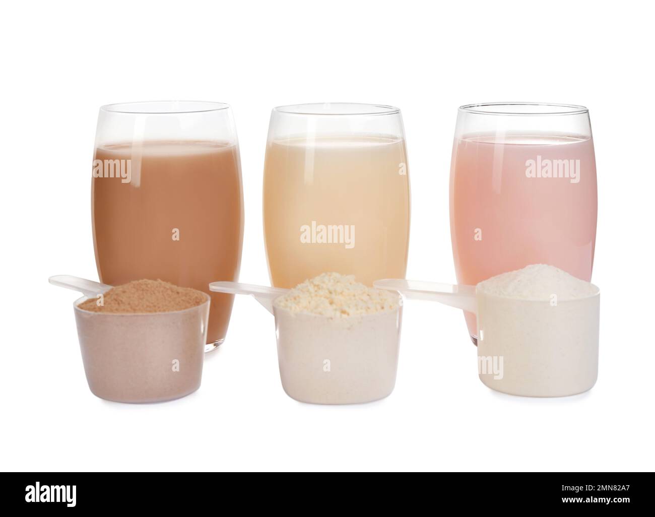 Protein shakes and different types of powder isolated on white Stock ...