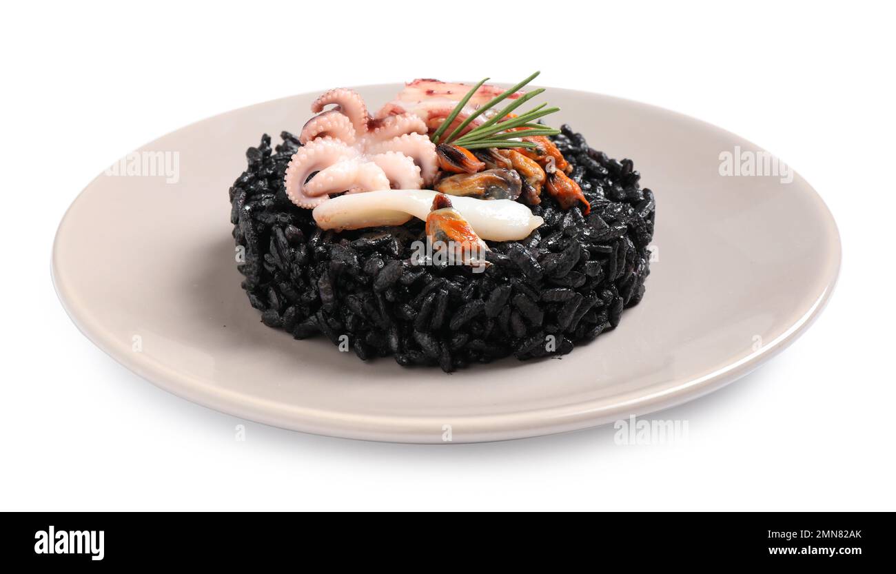 Delicious black risotto with seafood isolated on white Stock Photo - Alamy