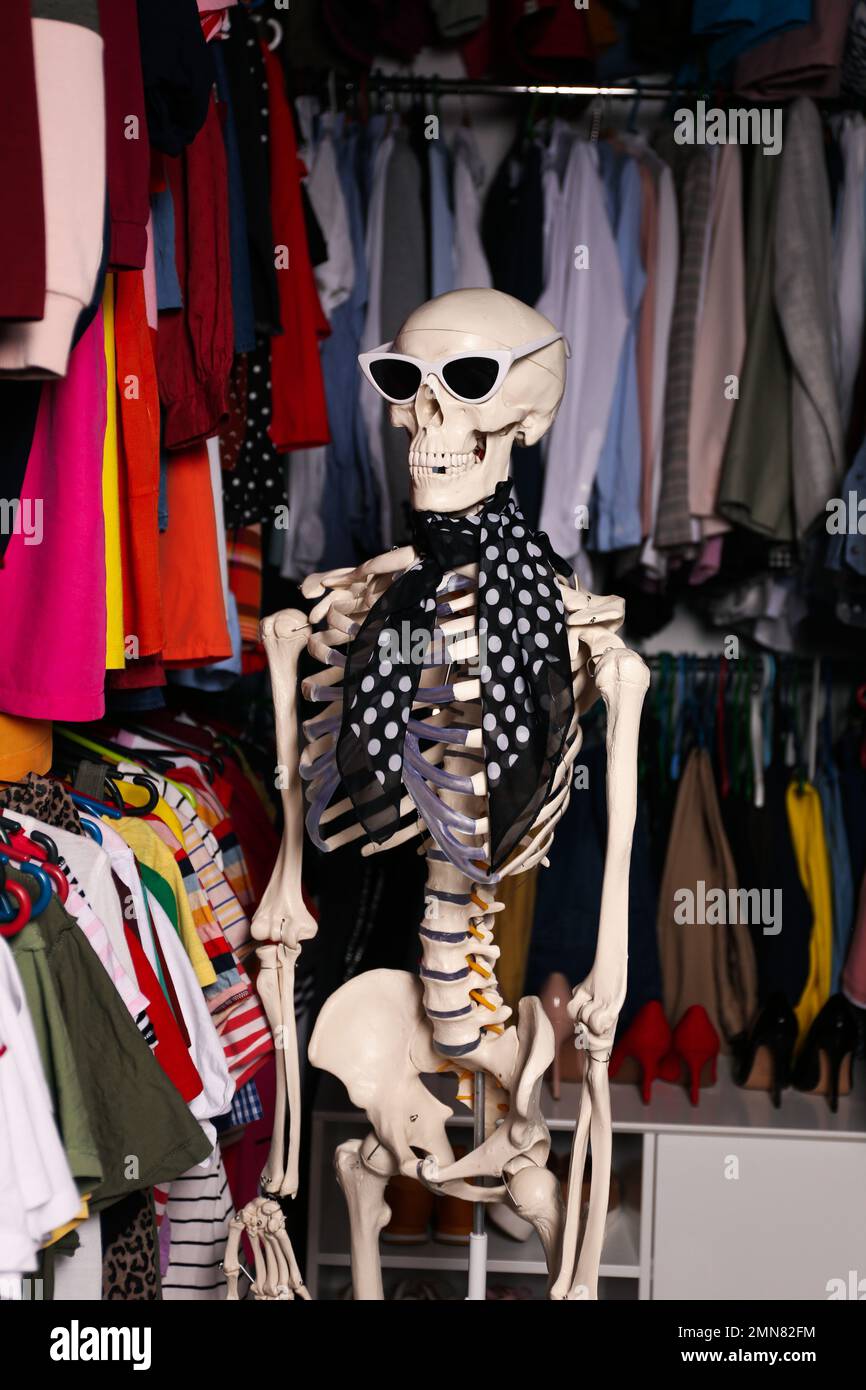 Artificial human skeleton model among clothes in wardrobe Stock Photo ...