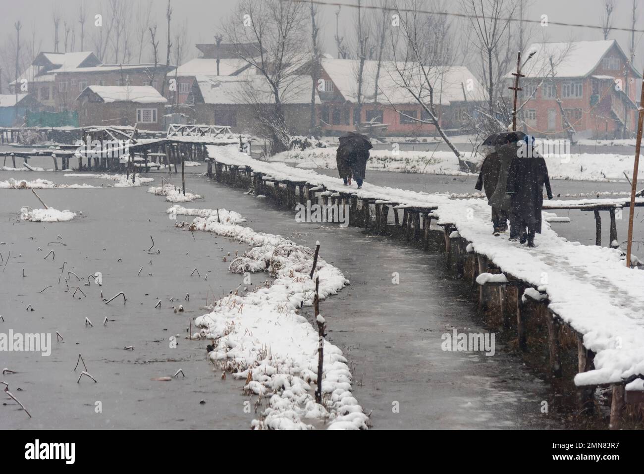 Srinagar, India. 30th Jan, 2023. People walk on snow covered wooden ...