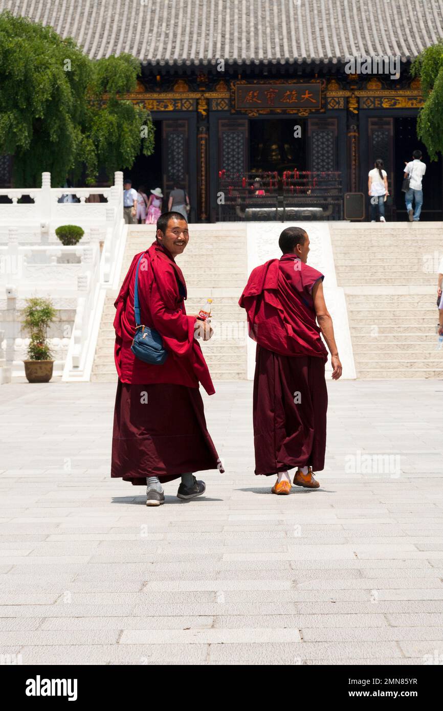 Smiling monk / monks near the Giant Wild Goose Pagoda in grounds of ...