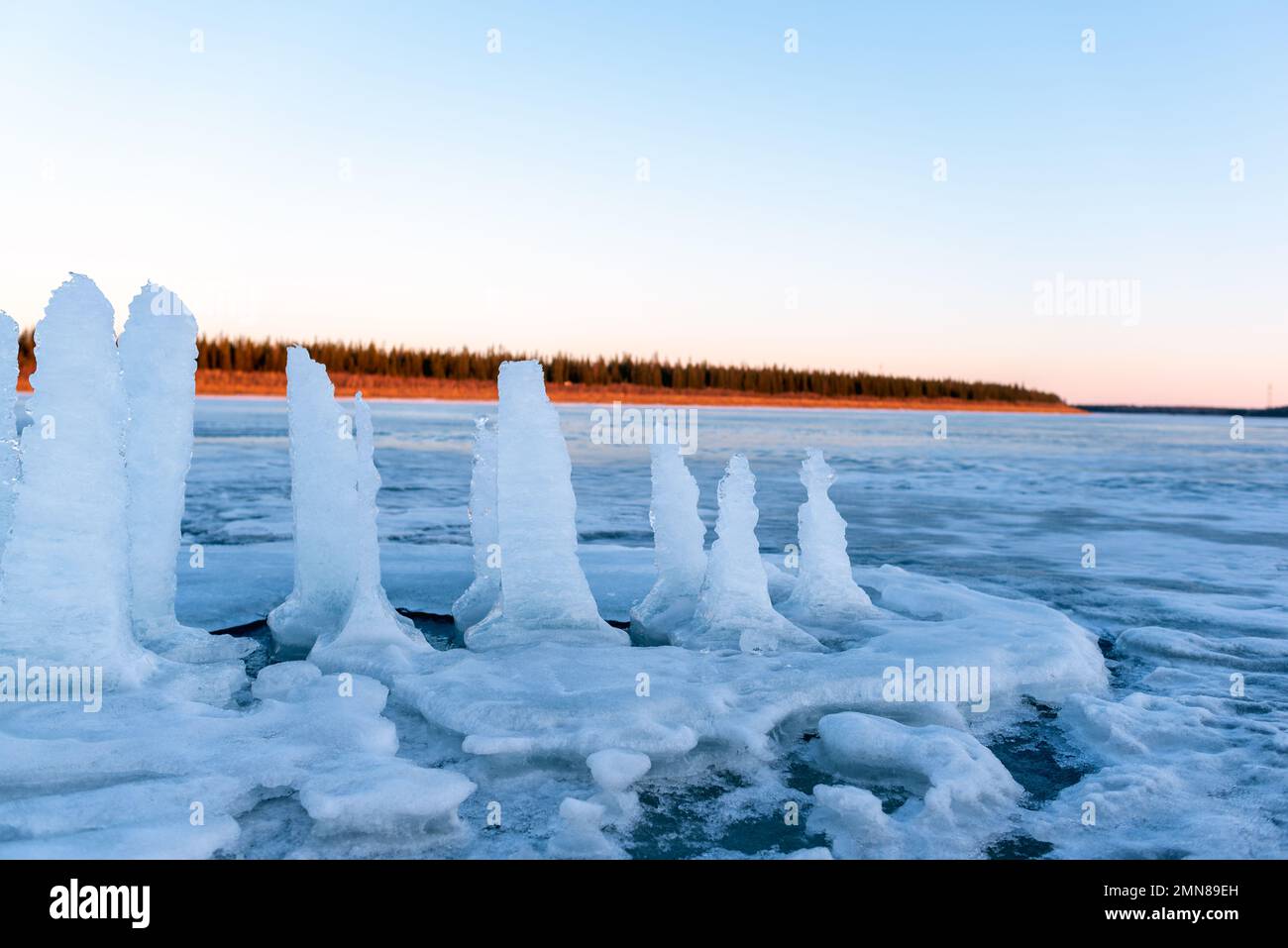 The remains of pillars of ice cut for drinking water are melting ...