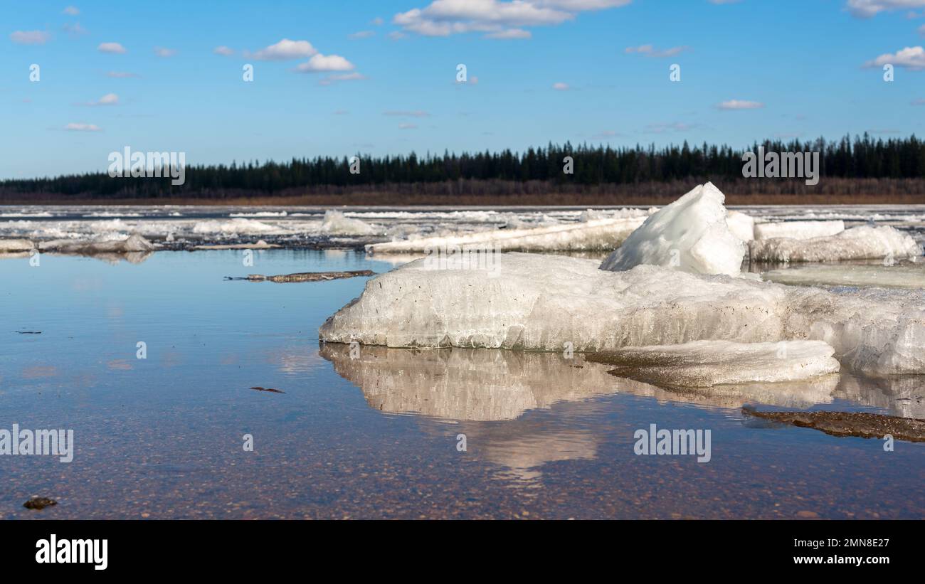 Ice drift on the spring river in the north of Yakutia Vilyui on the ...