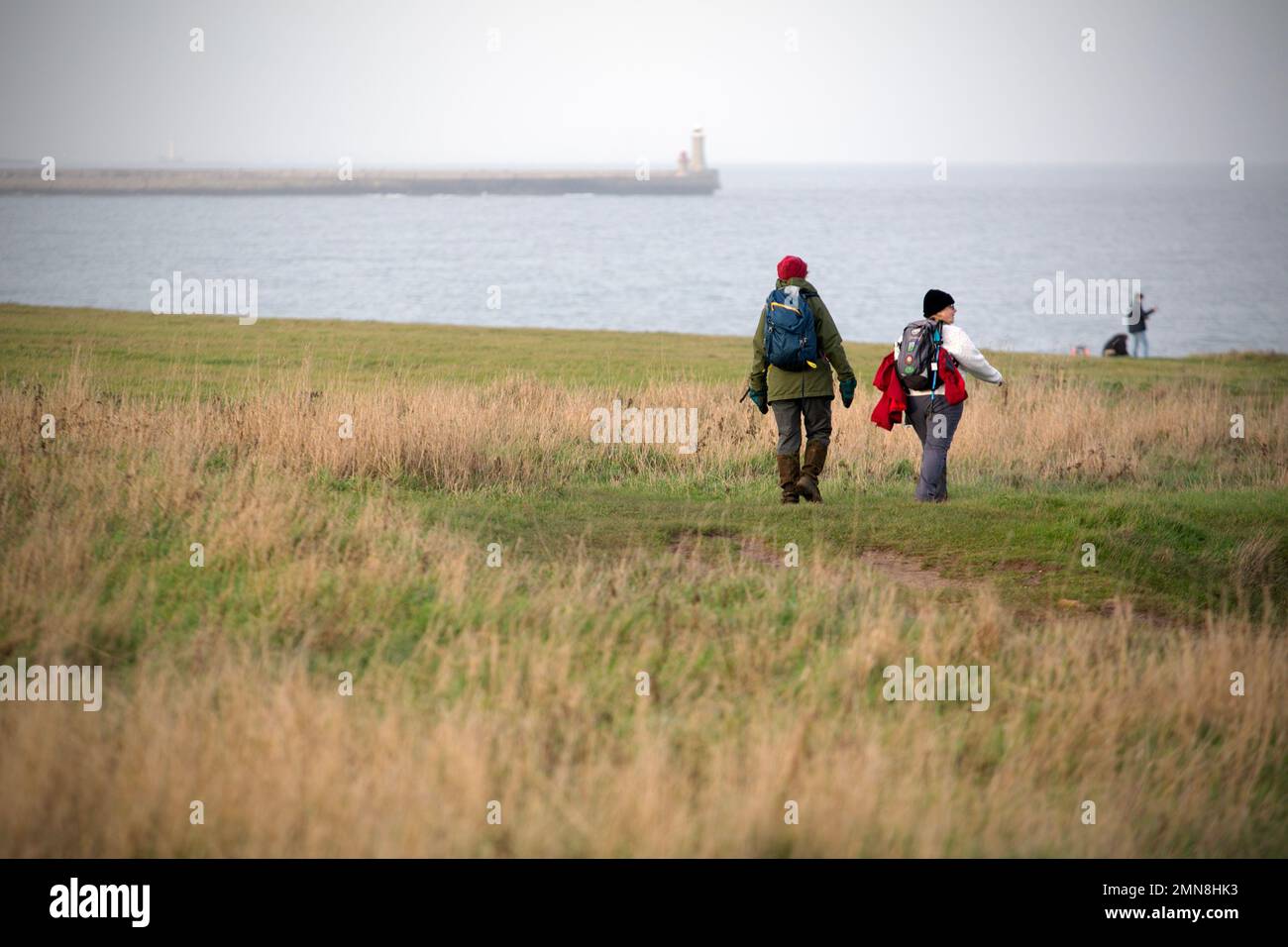 Hikers walking along the coastal path with a lighthouse in the distance ...