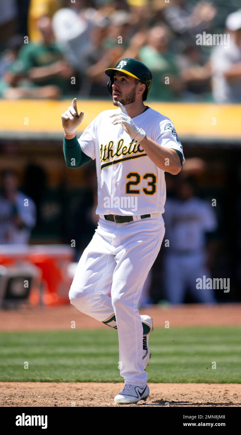 Oakland Athletics Matt Joyce (23) celebrates his two-run home run ...