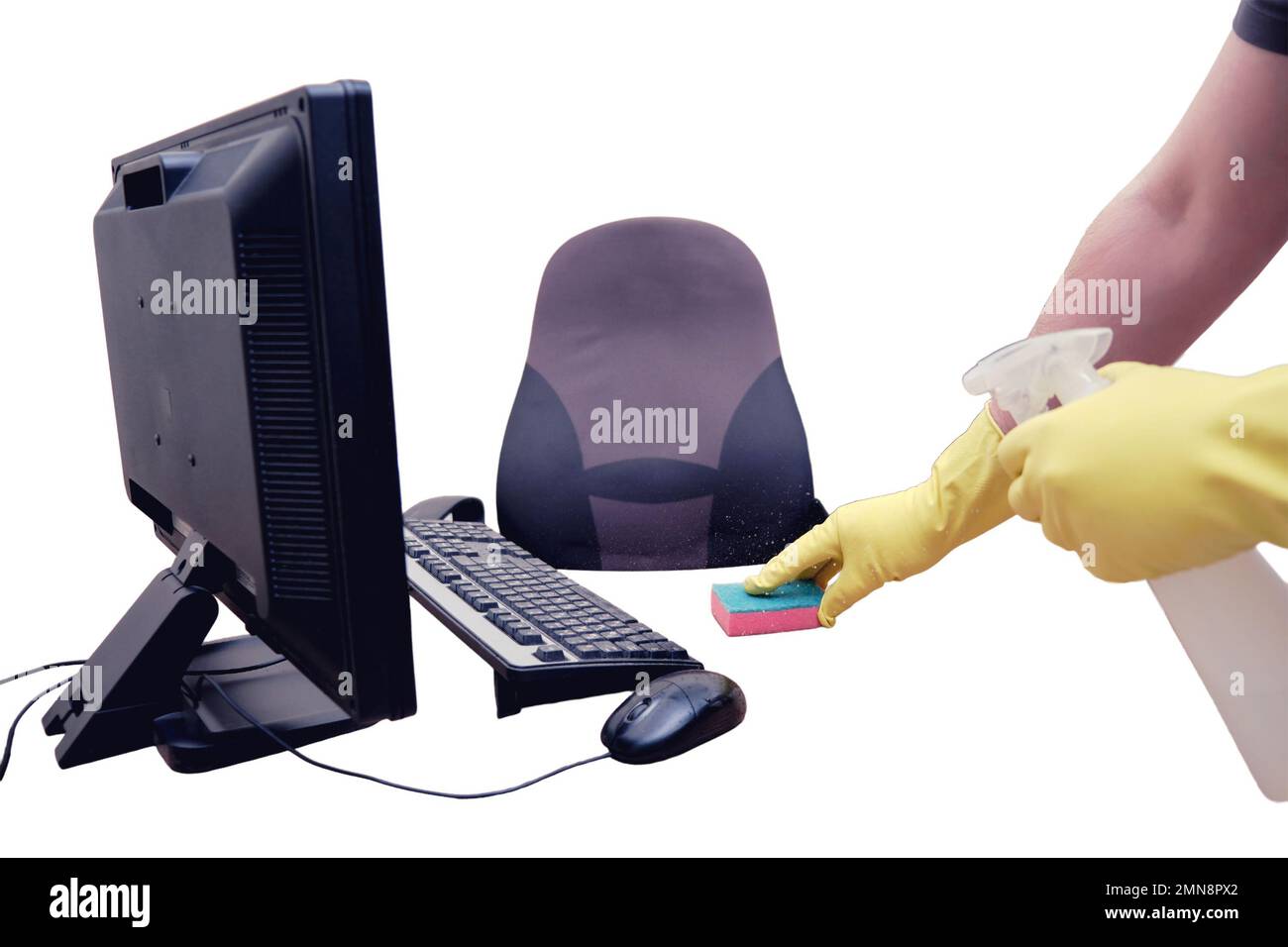 Cleaning the office, a janitor in yellow gloves wipes tables and ...