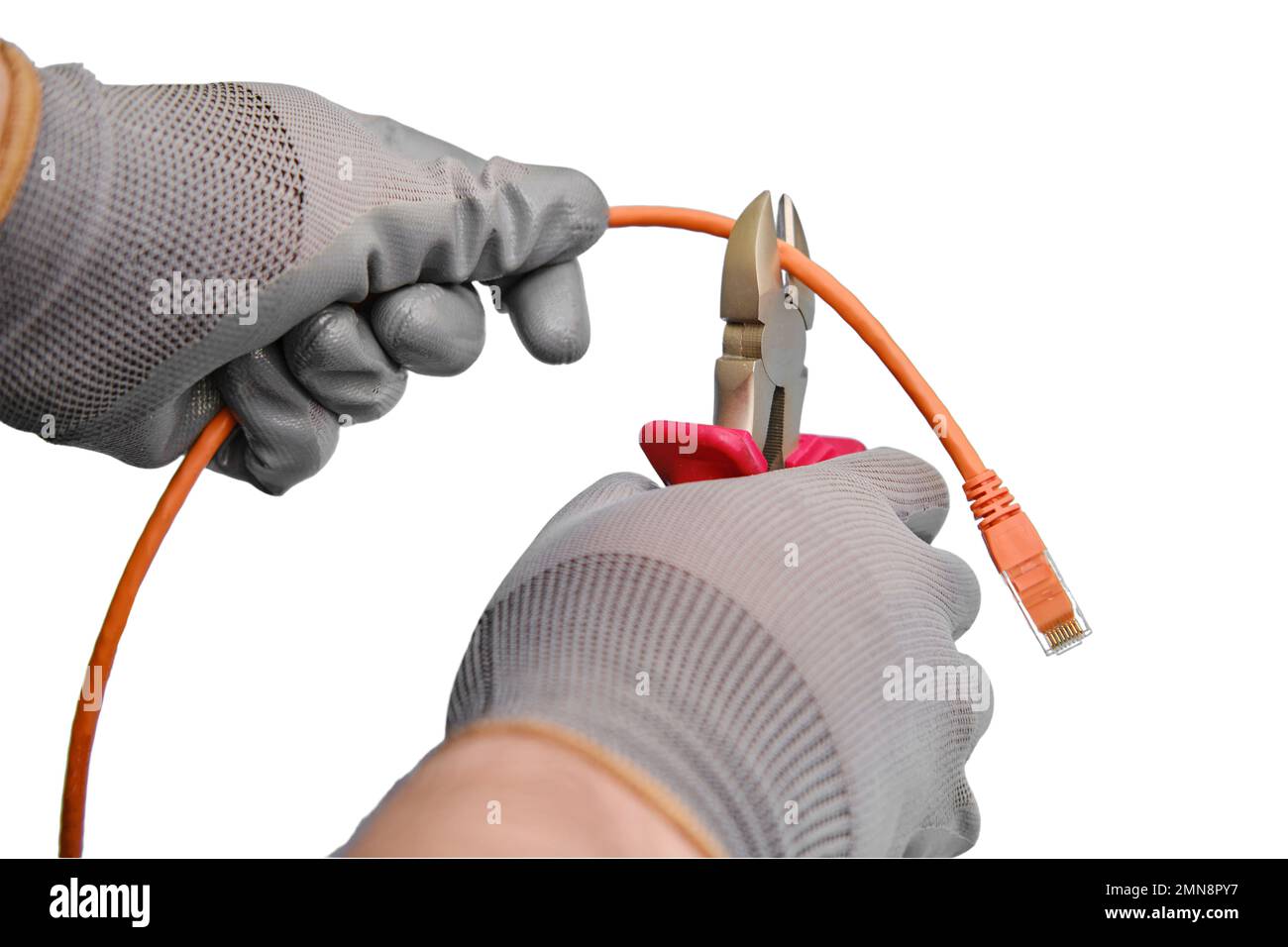 Cutting a computer network wire with wire cutters, isolated on a white ...